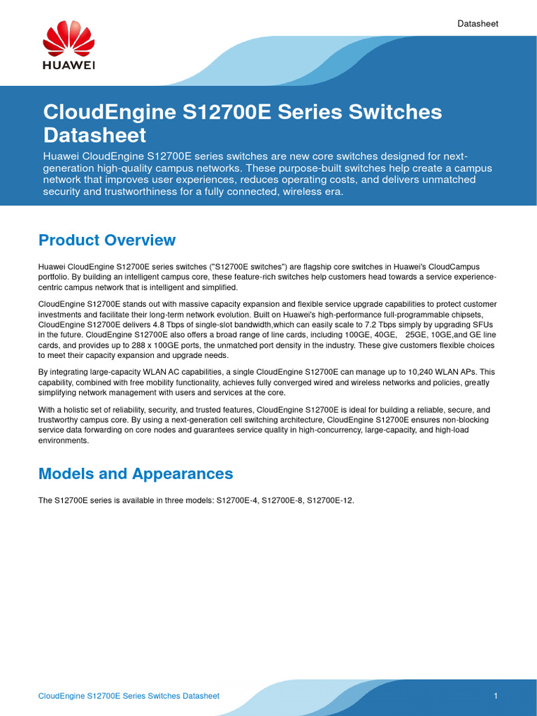 Huawei CloudEngine S12700E Series Switches Datasheet | PDF | Computer Network | Wireless Lan