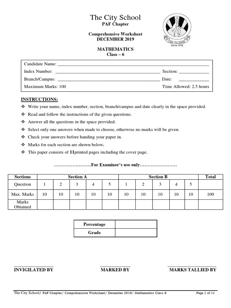Math Comprehensive Worksheet 2019 20 Class 6 1 | PDF | Numbers ...