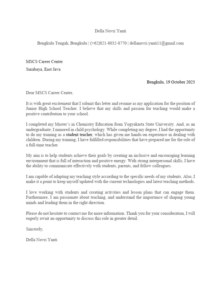 Junior High School Teacher Application | PDF