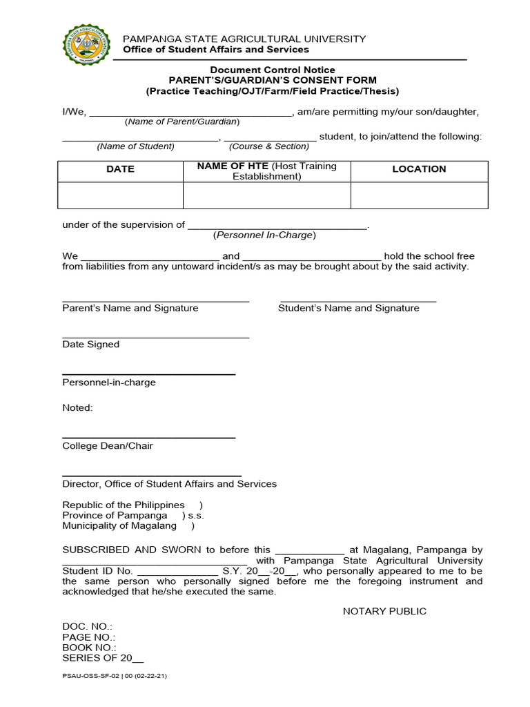 For OJT Practicum PSAU OSS SF 02. Parentsor Guardians Consent Form For ...