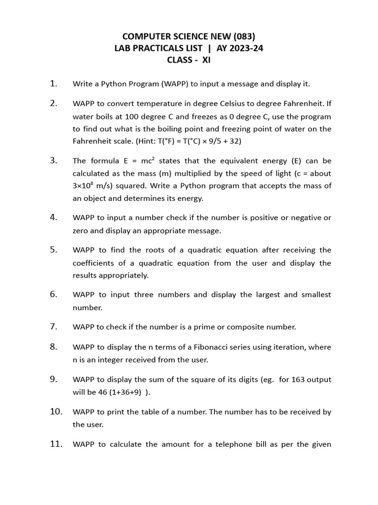 K11 Cs Lab Practicals List Ay23 24 1 Pdf Numbers Fahrenheit 