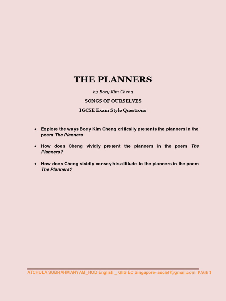 The Planners by Boey Kim Cheng - Analysis - Model Response - Sample ...
