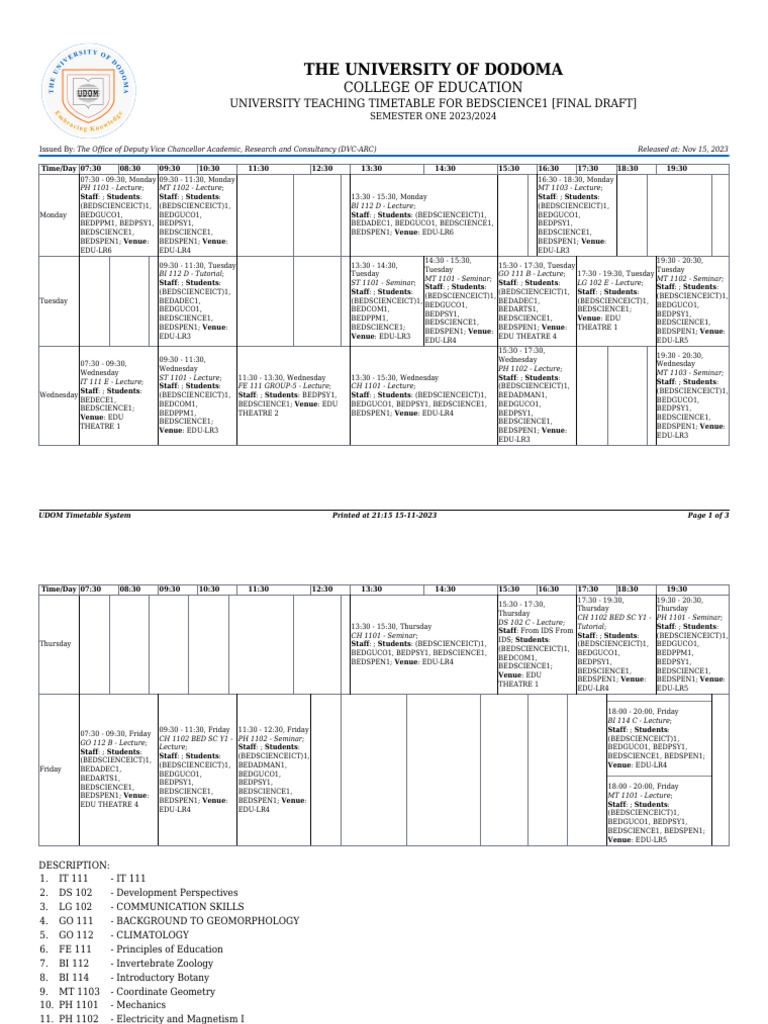 BEDSCIENCE1 - Teaching Timetable2023-11-15-181115 | PDF | Mathematics