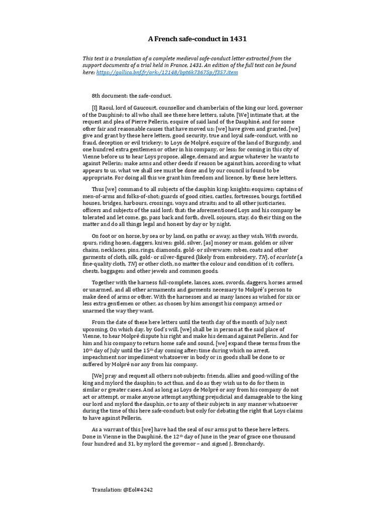 Medieval Safe-Conduct Letter, 1431 | PDF | Law