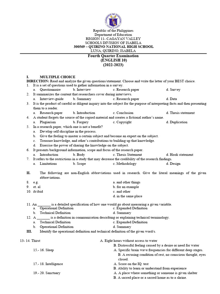 Quarter 4 Exam ENGLISH 10 | PDF | Academic Publishing | Cognition