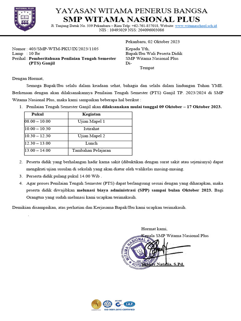 Surat Informasi PTS Dan Jadwal PTS Ganjil TP 2023-2024 | PDF