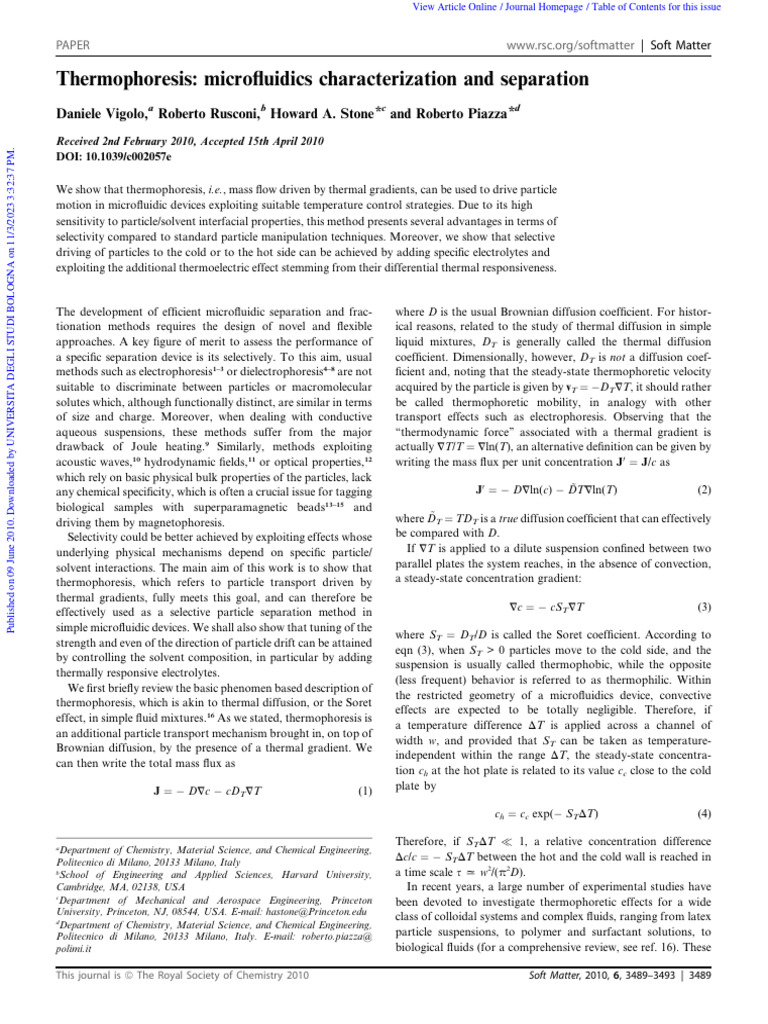 Thermophoresis Microfluidics Characterization and Separation | PDF | Diffusion | Microfluidics