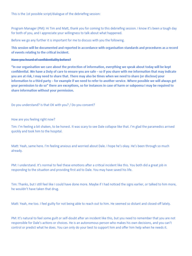 POSSIBLE SCRIPTS FOR AT2 DEBRIEFING | PDF | Psychological Trauma ...