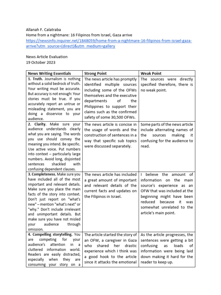 News Article Evaluation | PDF | News | Journalism