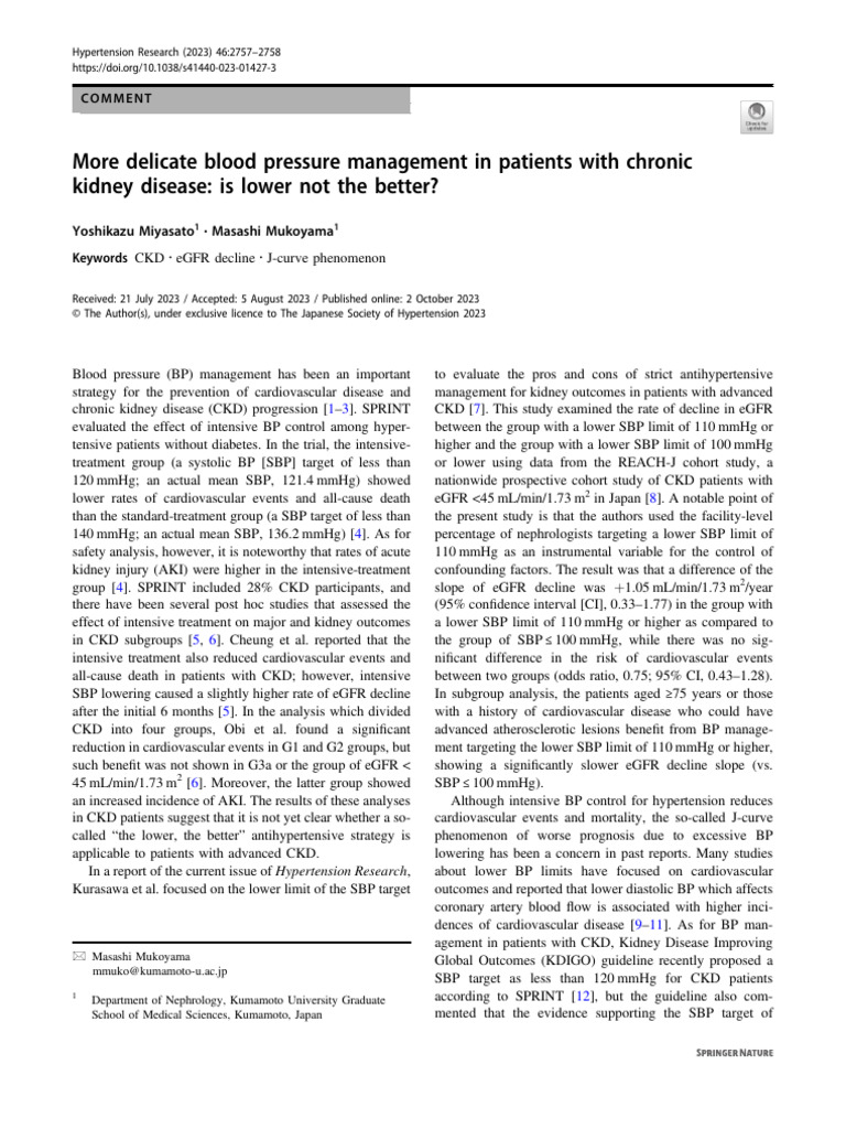 More Delicate Blood Pressure Management in Patients With Chronic Kidney Disease: Is Lower Not ...