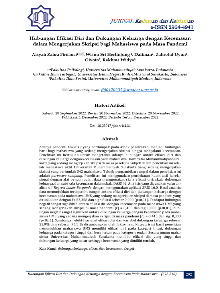 Hubungan Efikasi Diri Dan Dukungan Keluarga Dengan Kecemasan Dalam Mengerjakan Skripsi Bagi ...