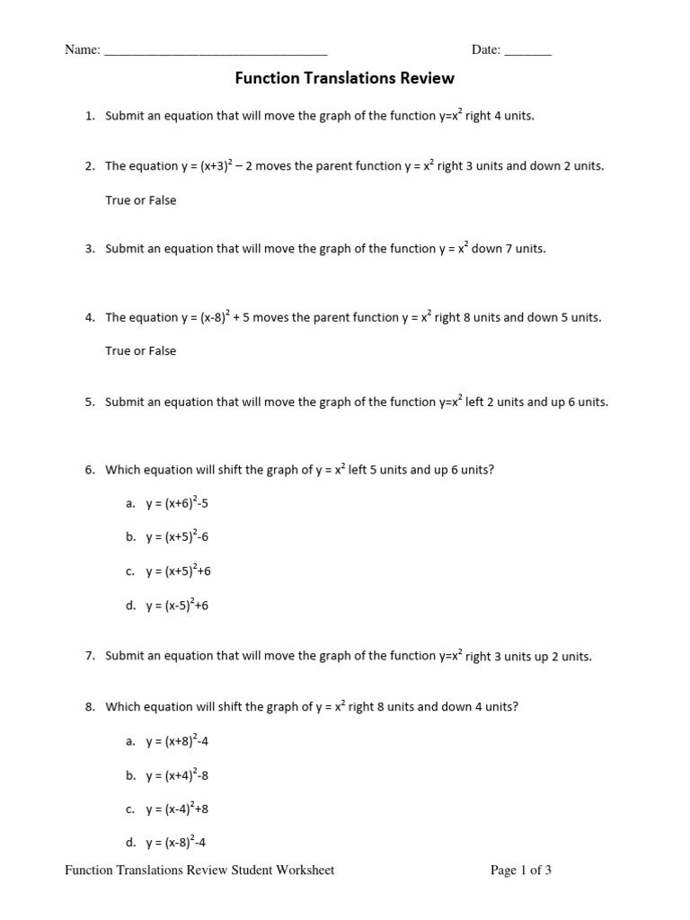 Function Translations Review Worksheet | PDF | Graph Theory ...