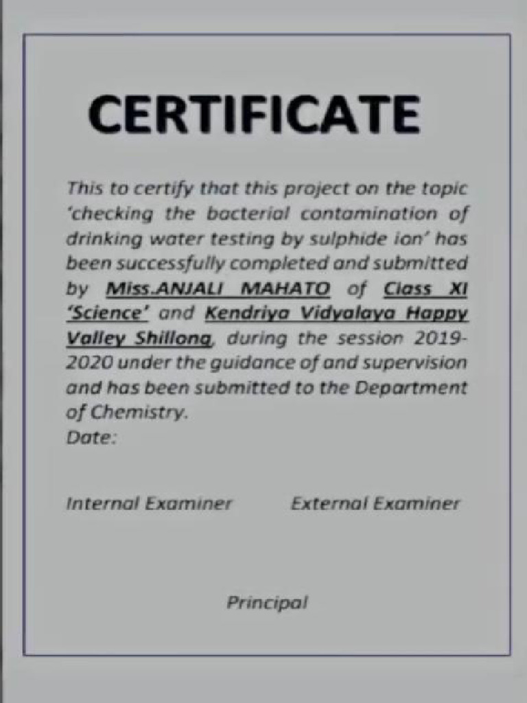 Chemistry Project Bacterial Contamination of Water Testing by Sulphide ...
