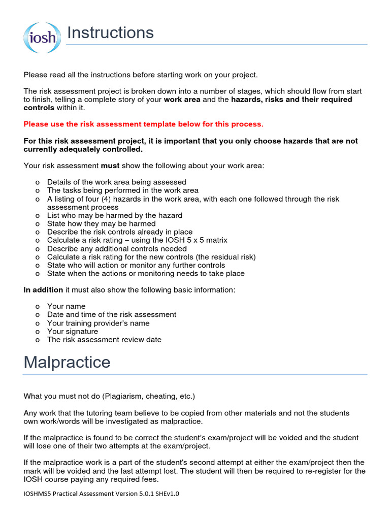 IOSH 5.0.1 Project Assessment VSHE1.1 | PDF | Risk | Risk Assessment