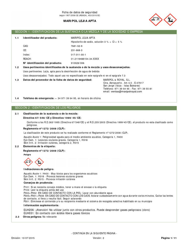 Ficha Seguridad Lejía Maripol | PDF | Blanqueador | Toxicidad