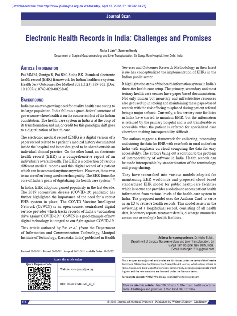 Electronic Health Records In India Challenges And Pdf Electronic