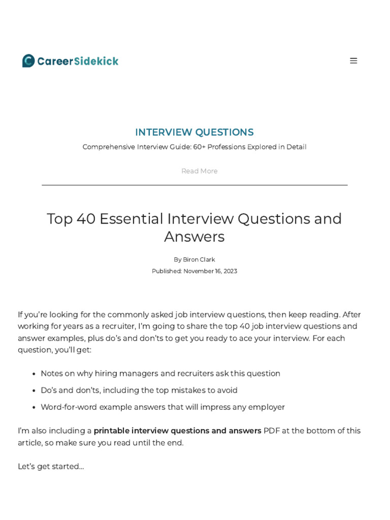 Top 40 Essential Interview Questions and Answers - Career Sidekick | PDF | Job Interview | Goal
