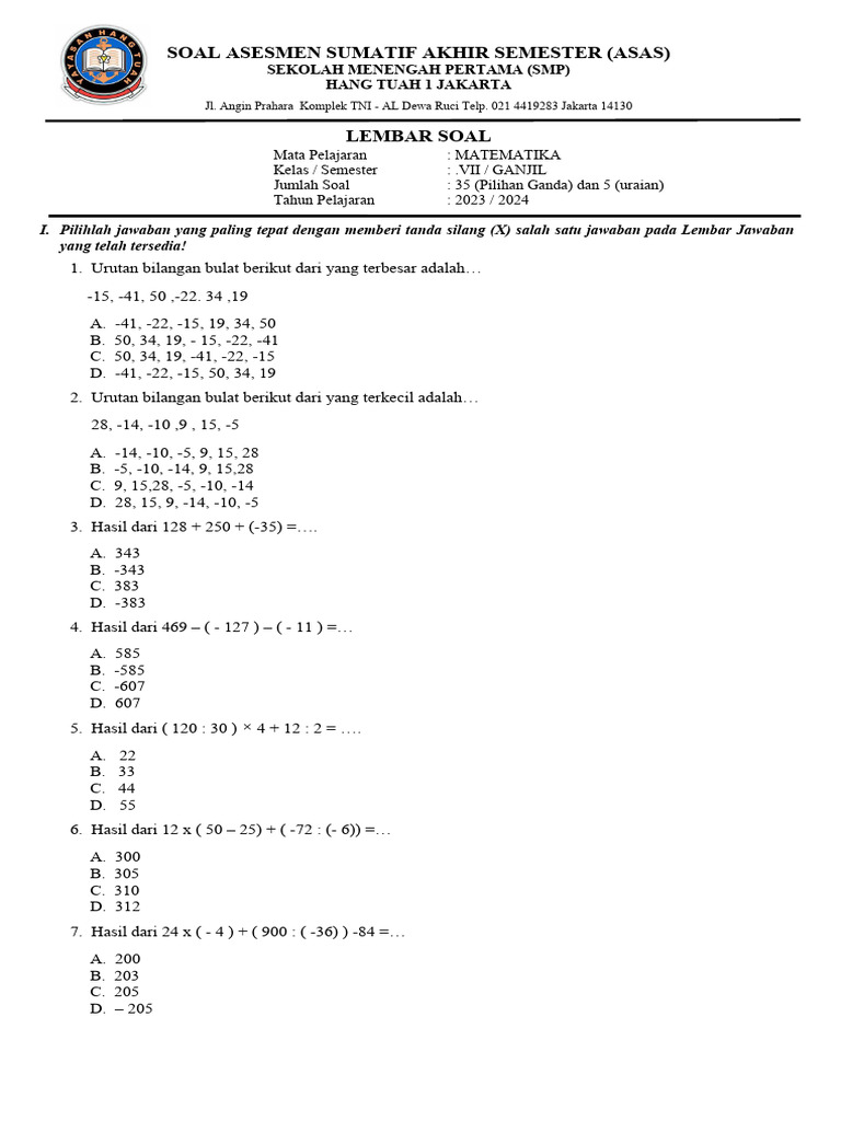 Soal PAS MTK 7 Semester 1 | PDF