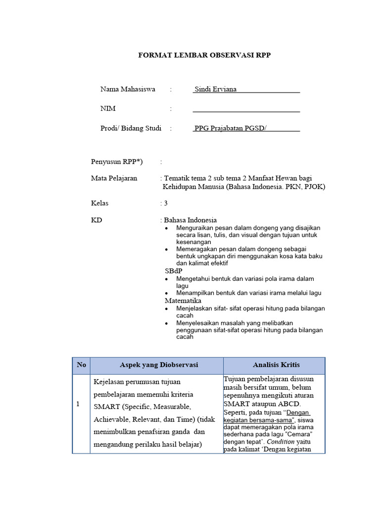 Format Lembar Observasi RPP | PDF
