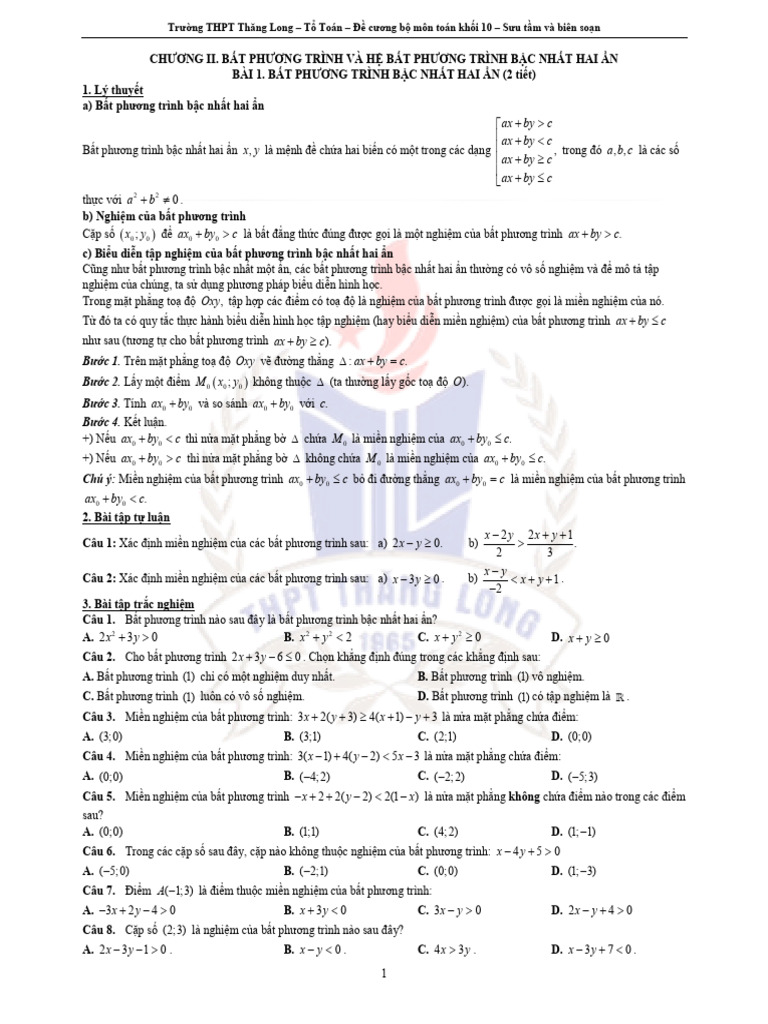 Chương 2. BPT và HBPT bậc nhất hai ẩn-HS-K10-Tổ Toán | PDF