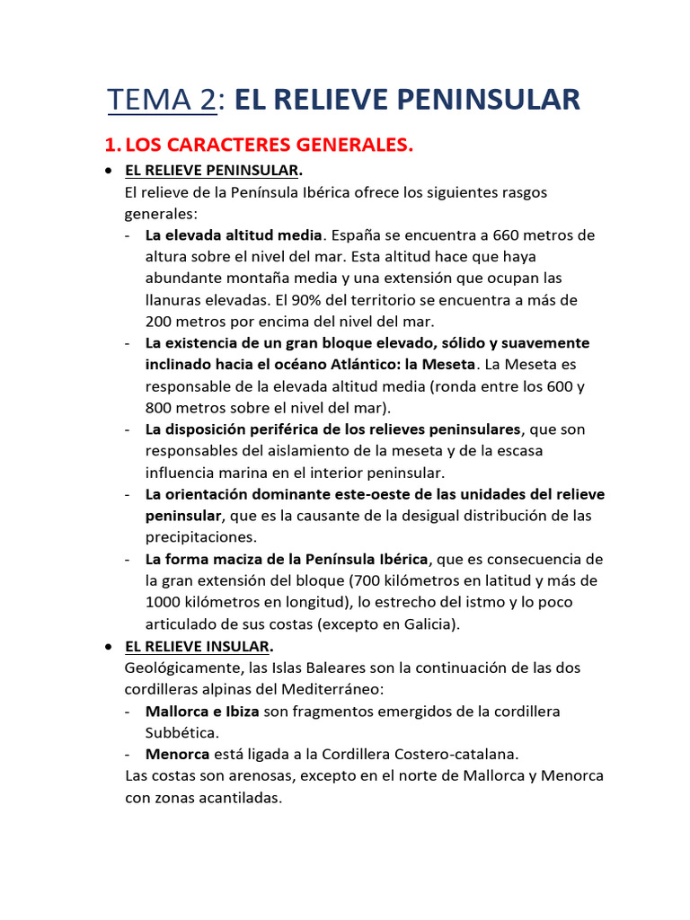 Tema 2 El Relieve Peninsular | Descargar gratis PDF | Topografía | Ciencias de la Tierra