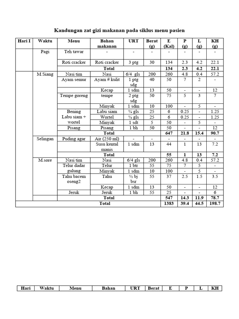 Daftar Menu Gizi Pasien Harian | PDF