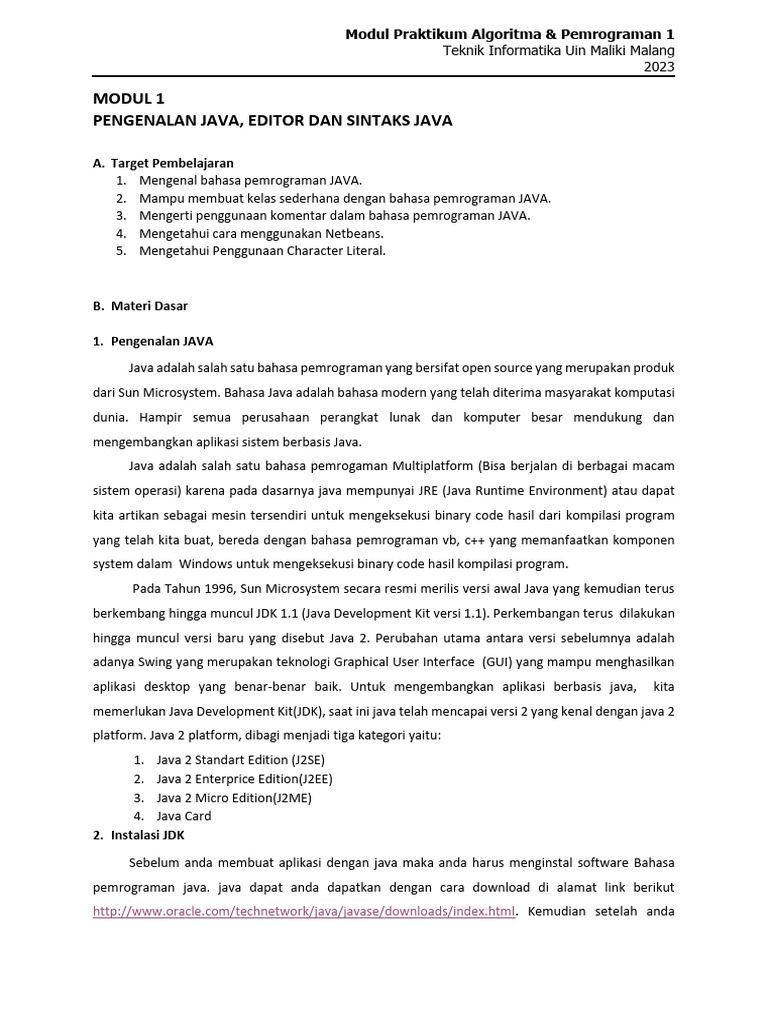 Modul 1 - Pengenalan JAVA | PDF Modul 1 - Pengenalan JAVA | PDF