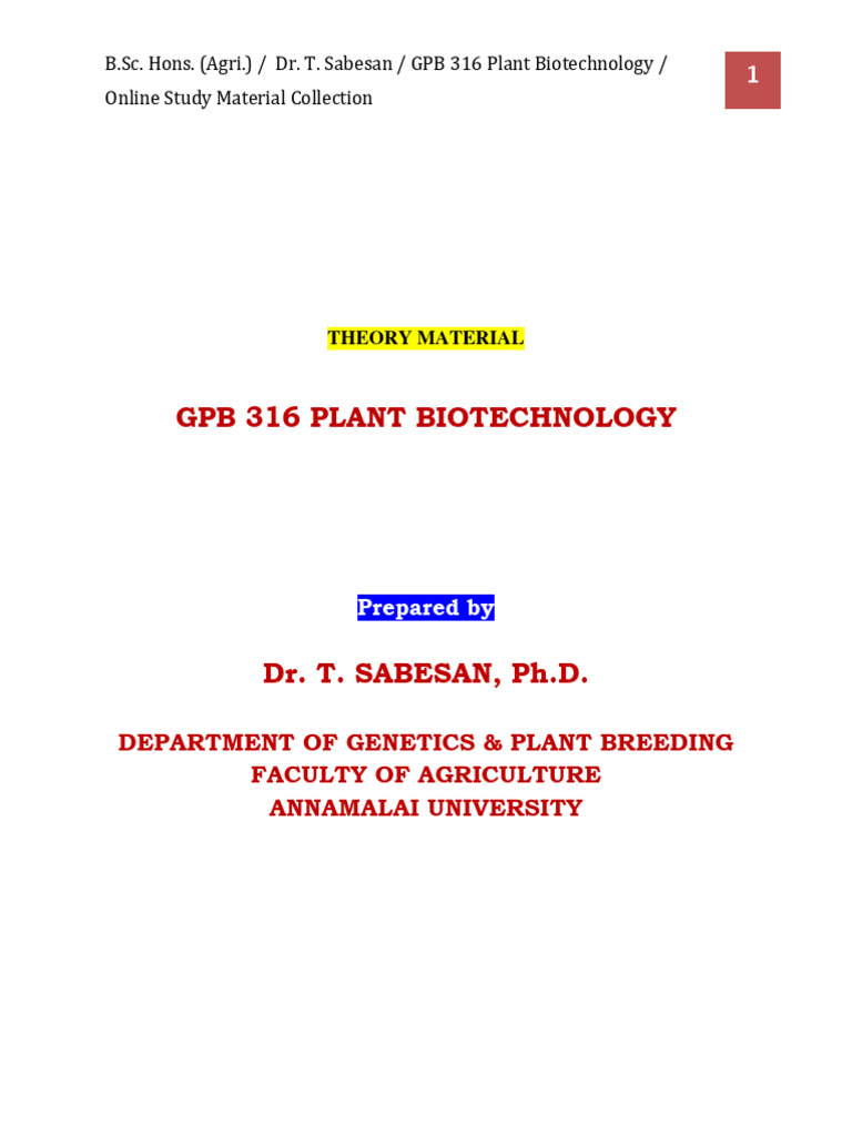 GPB 316 Plant Biotechnology (2+1) - Online Study Material | PDF | Embryo | Nutrients