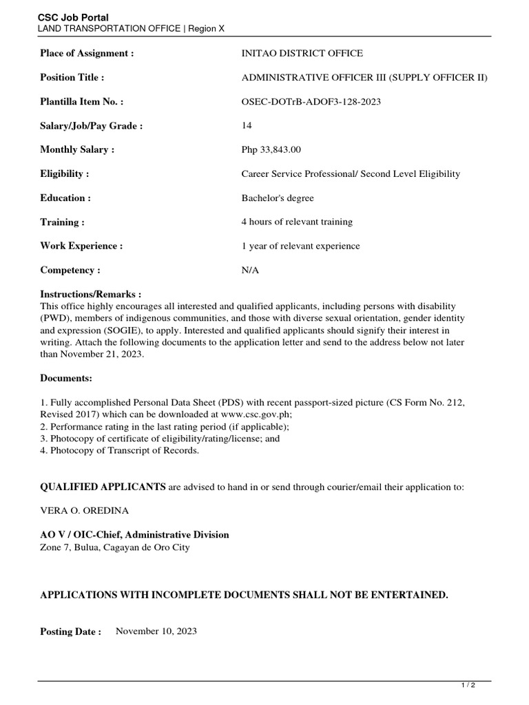 Land Transportation Office-Administrative Officer Iii Supply Officer Ii ...