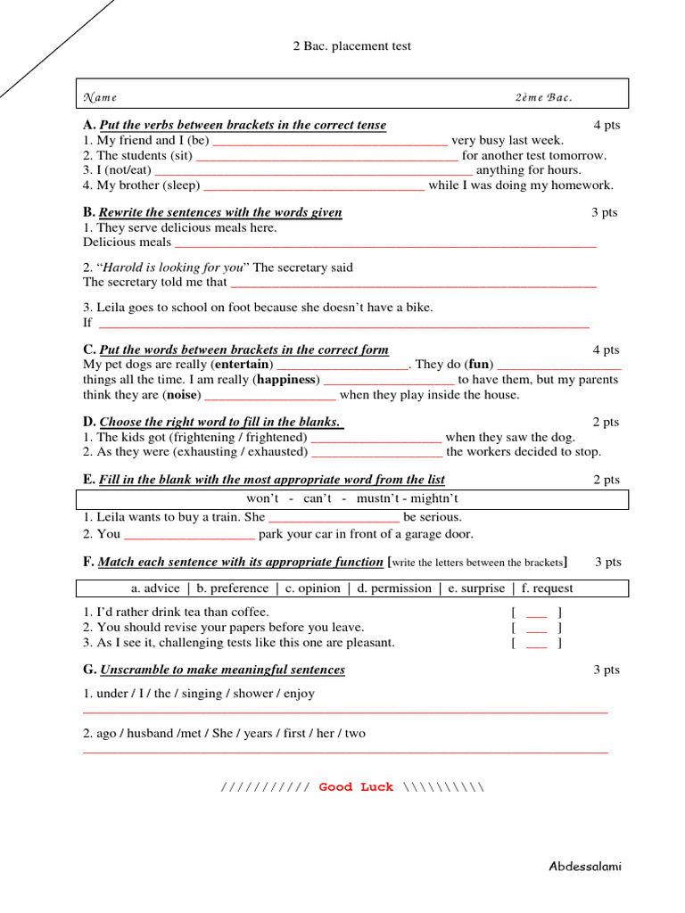 2 Bac Placement Test 23 24 | PDF | Language Arts & Discipline | Self ...