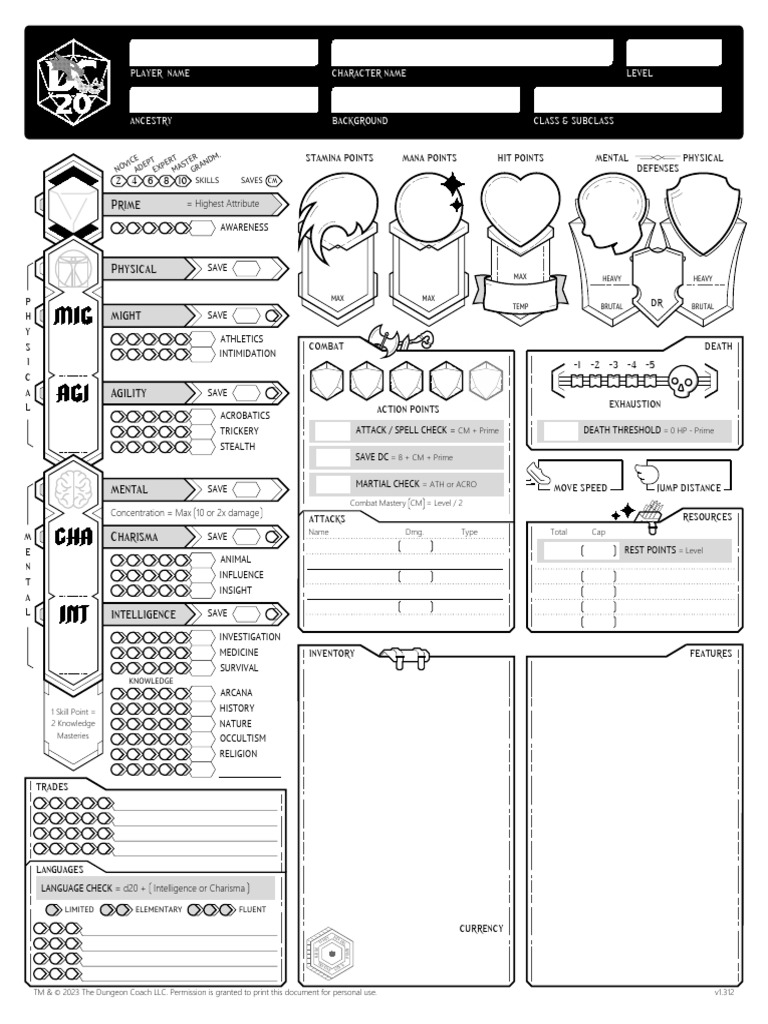 DC20 (Fillable) Alpha 0.4 Character Sheet | PDF | Entertainment | Role ...