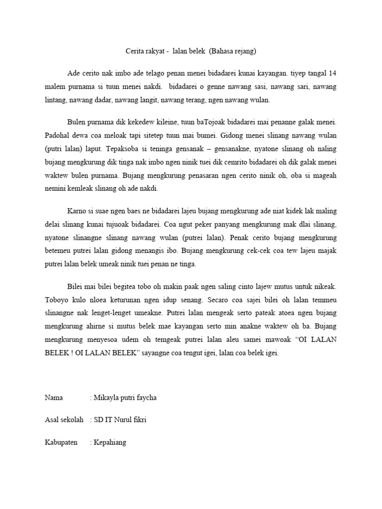 Cerita Rakyat Lalan Belek Bahasa Rejang | PDF