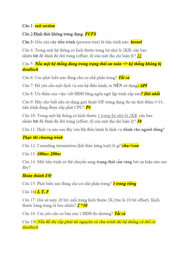 kernel: Câu 1: exit section Câu 2:Định thời không trưng dụng: FCFS Câu 3 | PDF