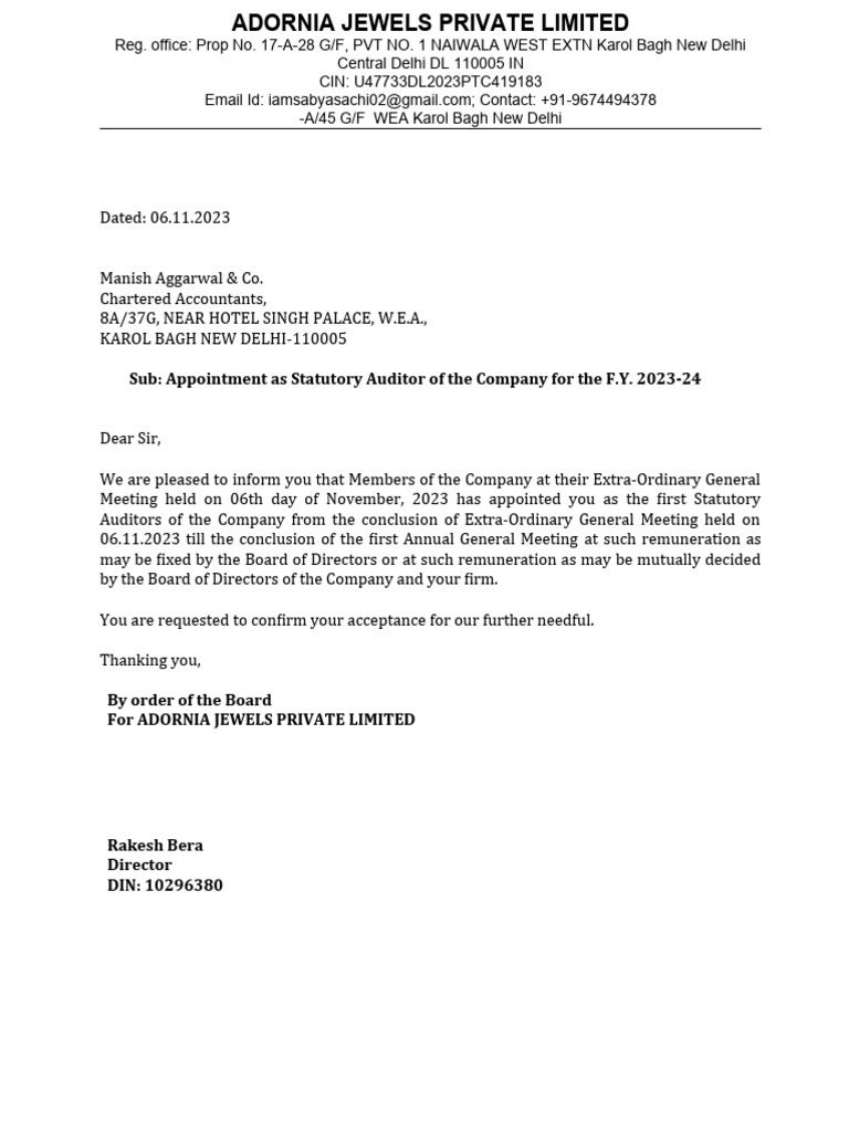 Auditor Appointment Letter | PDF