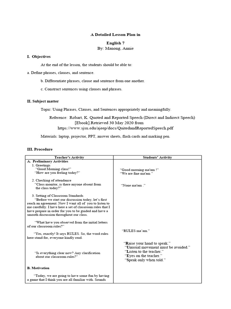 A Detailed Lesson Plan in (ANNIE) | PDF | Sentence (Linguistics) | Clause