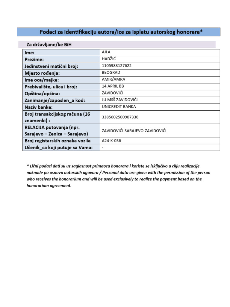 $Formular_Neophodni podaci za refundaciju putnih troskova | PDF
