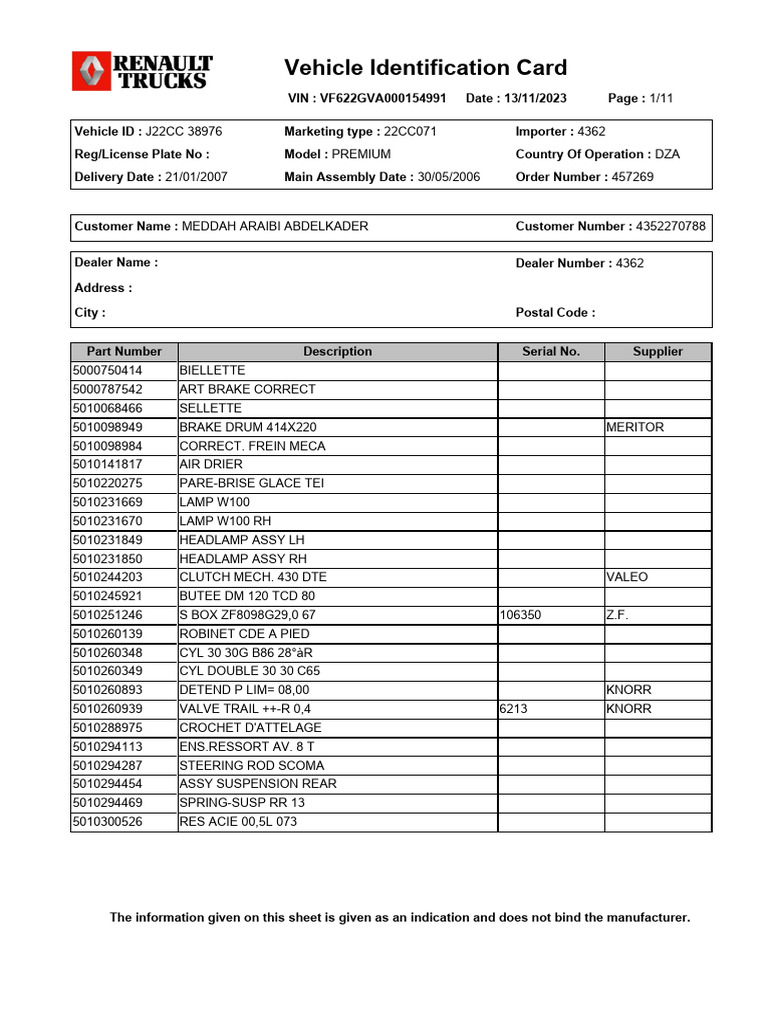 Vehicle Parts List for MEDDAH ARAIBI | PDF | Vehicles | Mechanical ...