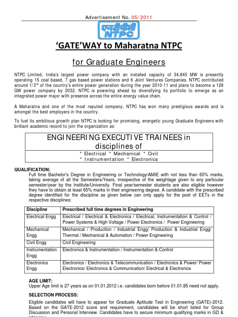 NTPC Careers for Engineering Graduates | PDF