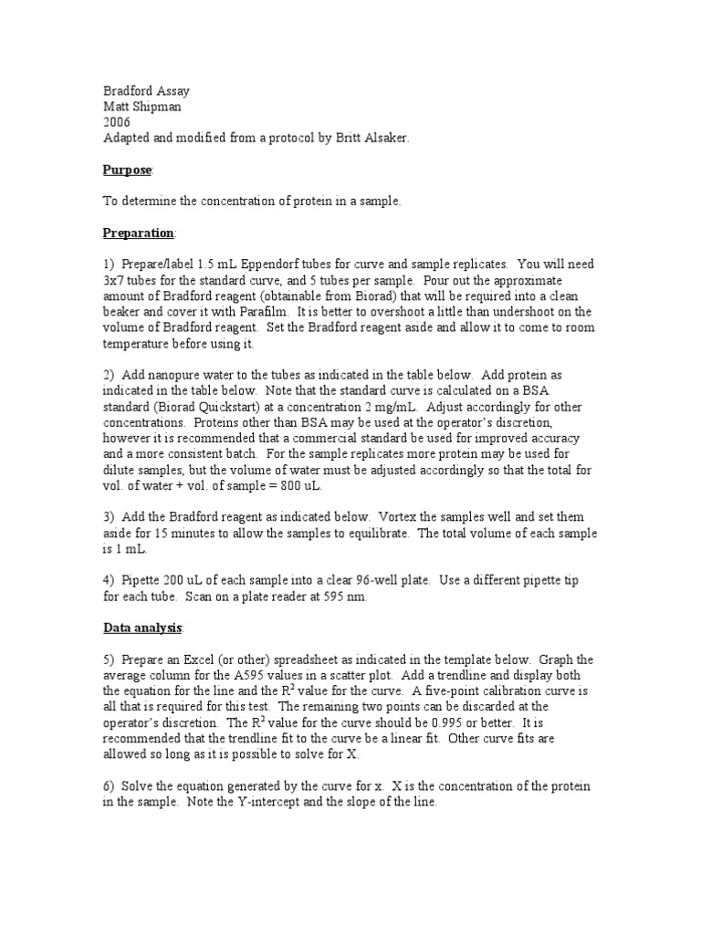 Bradford Assay Protocol | PDF | Laboratories | Analysis