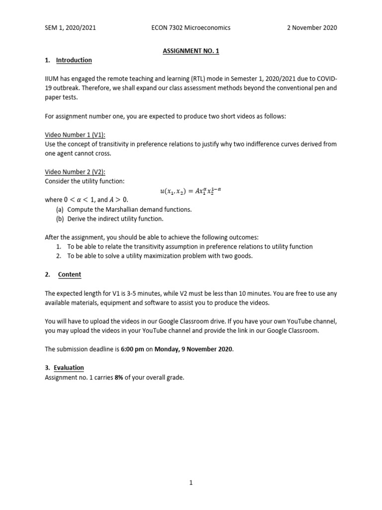 ECON 7302 Assignment 1 | PDF | Utility | Microeconomics