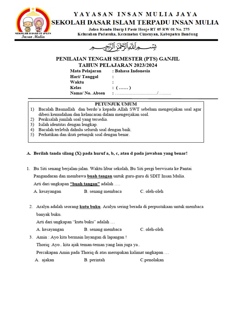 PTS B.indonesia Kelas 2 Ganjil | PDF