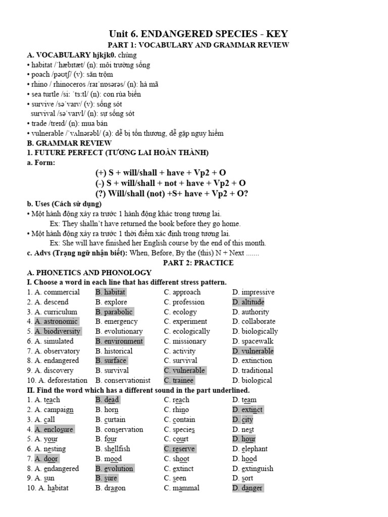 Endangered Species Vocabulary & Grammar Guide | PDF | Extinction | Oceans