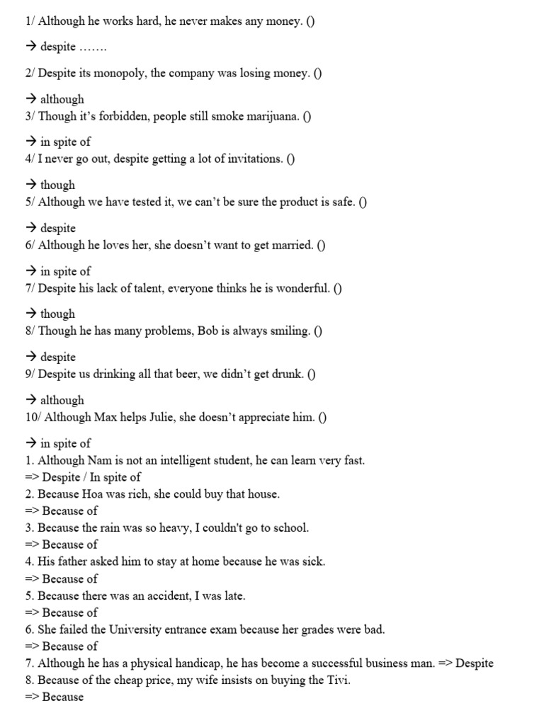 Grammar Practice: Despite vs. Because | PDF