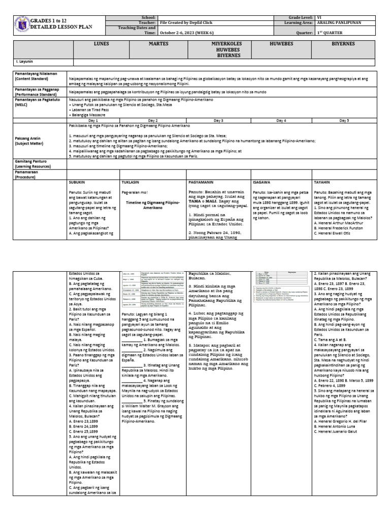 DLL - Araling Panlipunan 6 - Q1 - W6 | PDF