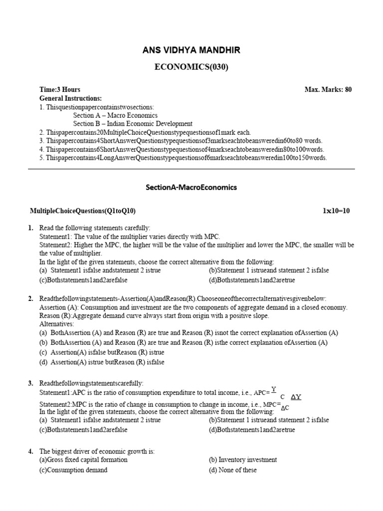 Class 12 Economics Sample Paper 2024-25 | PDF | Taxes | Fiscal Multiplier