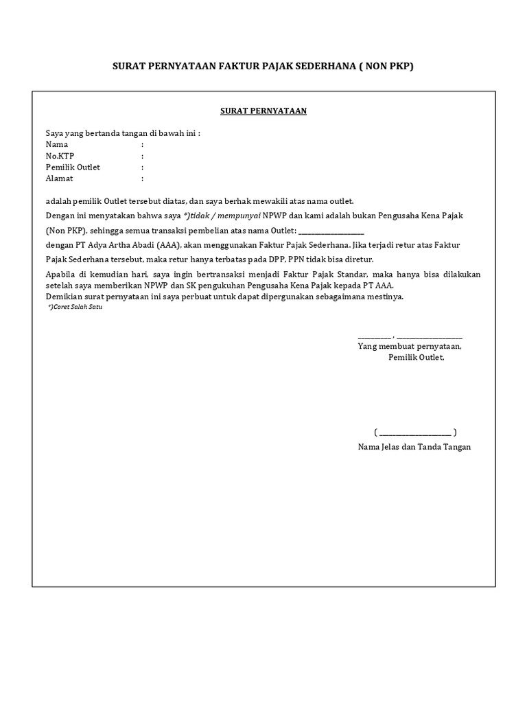 Surat Pernyataan Faktur Pajak Non PKP | PDF | Bisnis