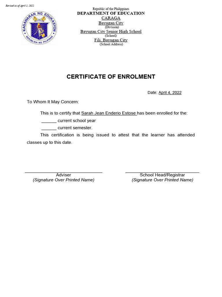 2022 Certificate of Enrolment Template | PDF