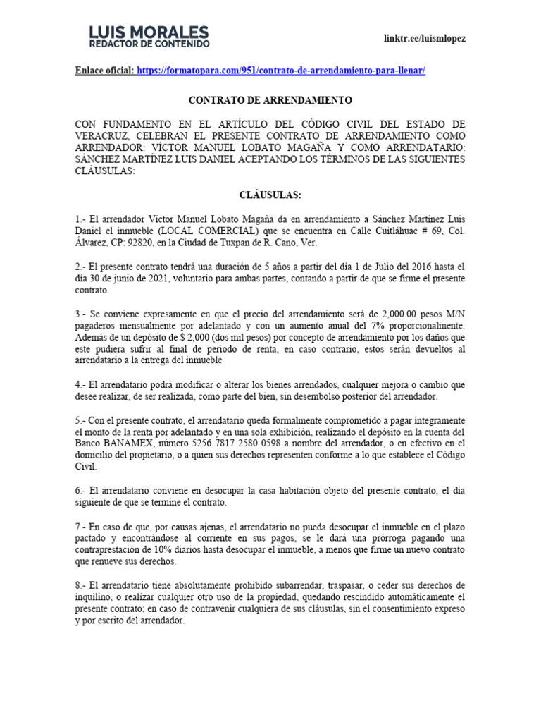 Contrato de Arrendamiento WORD | PDF | Derecho privado