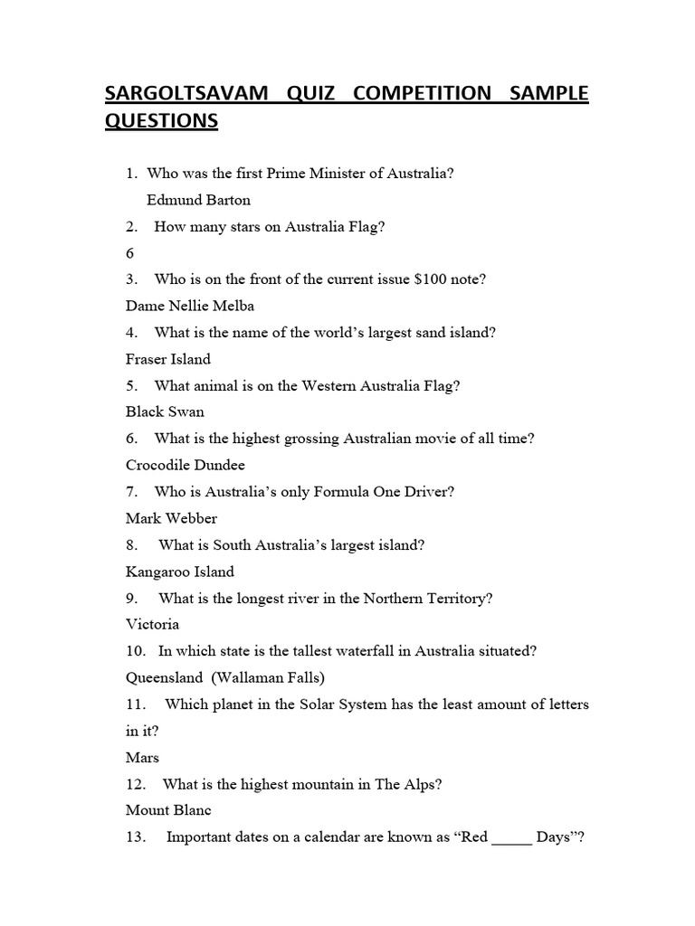 Sample Quiz Questions 2019 | PDF | Australia