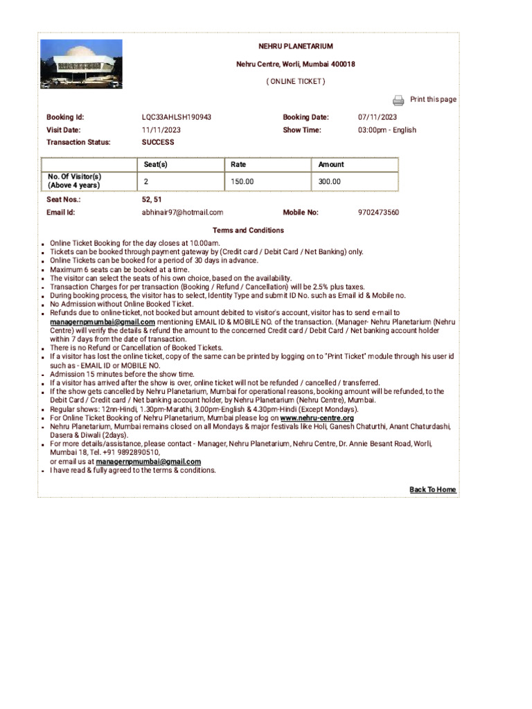 Nehru Planetarium Ticket Booking Details | PDF | Credit Card | Debit Card